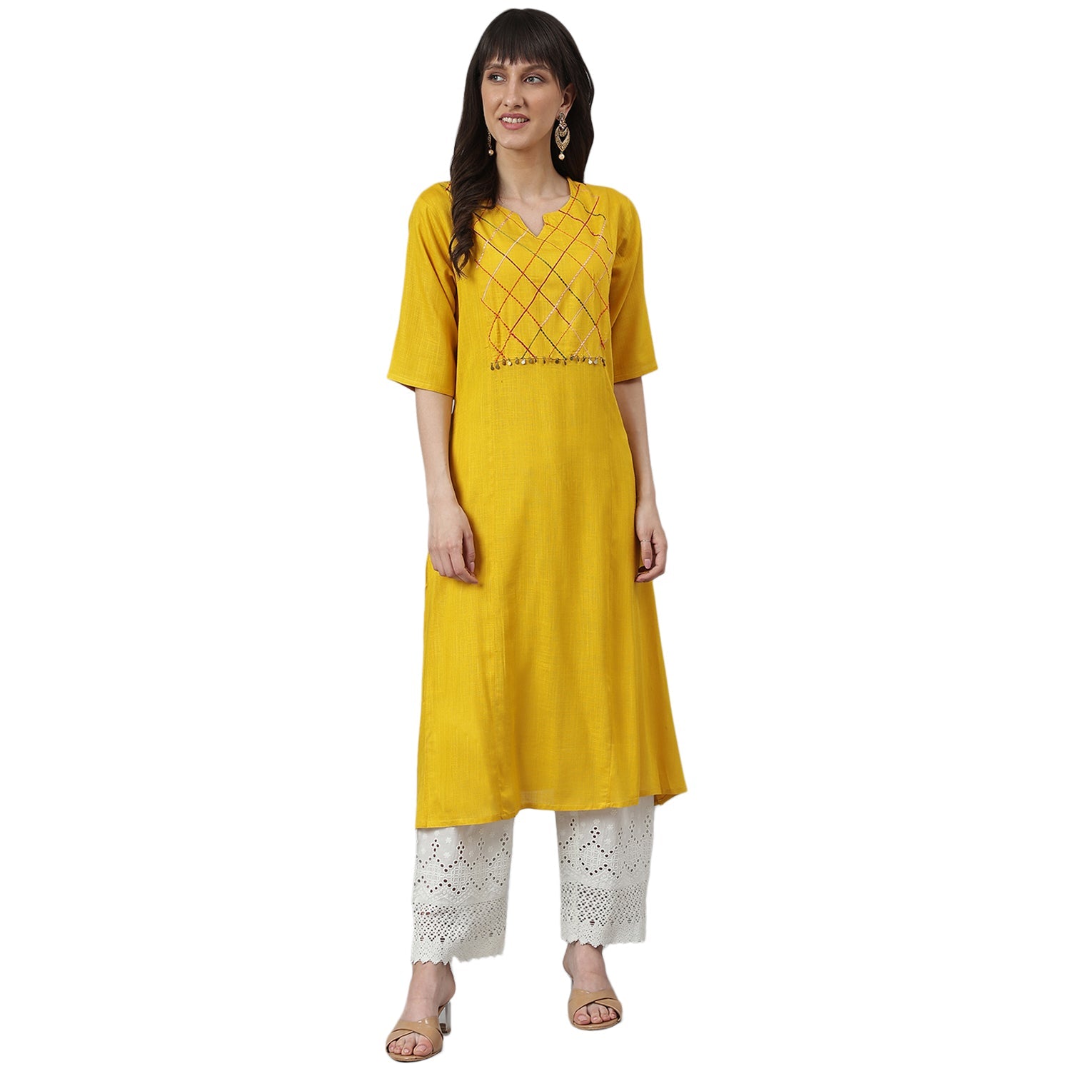 Mustard A-Line Embroidery Kurta – House of Ayuda